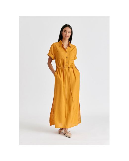Paisie Linen Blend Shirt Dress With Stitch Details in Yellow | Lyst
