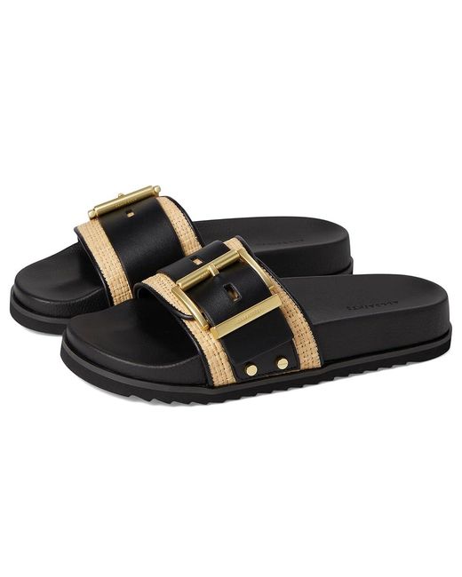 AllSaints Ellie Raffia Slider Sandals Natural/ Leather in Black | Lyst