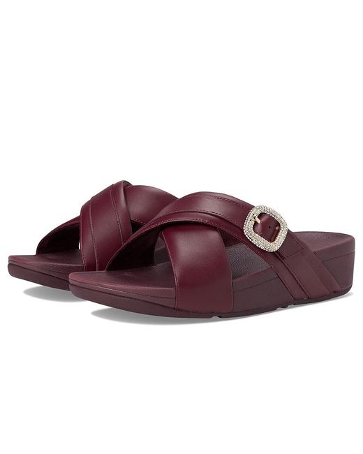 Fitflop Lulu Crystal-Buckle Leather Cross Slides (Mauve Wine) Sandals ...
