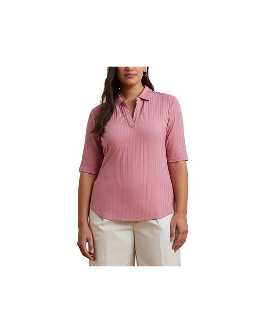 Ralph Lauren Plus Size Rib-Knit Elbow-Sleeve Polo T-Shirts Clothing, Elastane/Nylon/Viscose in ...