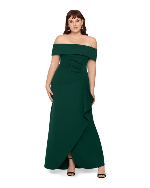 Xscape Synthetic Plus Size Long Scuba Off The Shoulder Dress In Green