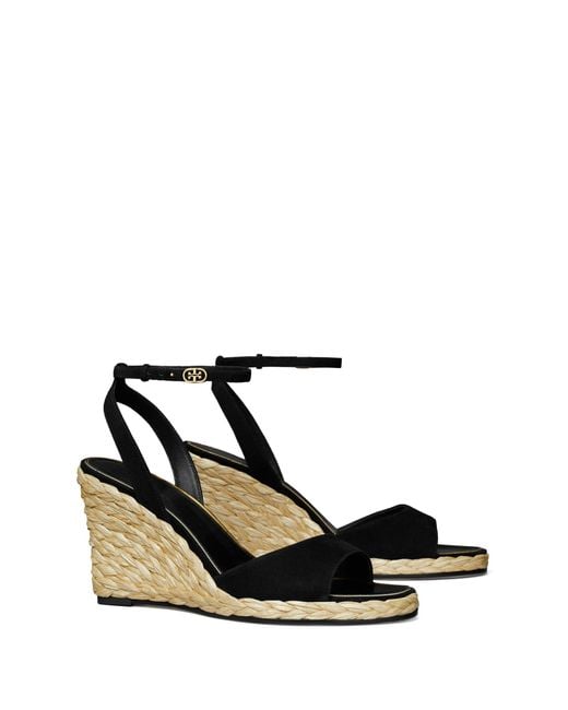 Tory Burch Raffia Sandal Wedge 80mm in Black | Lyst