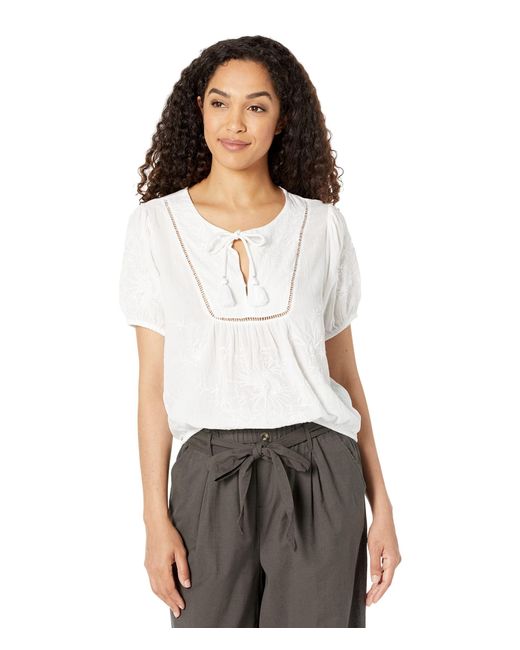 Lucky Brand Cotton Open Neck Embroidered Peasant Blouse In White Lyst