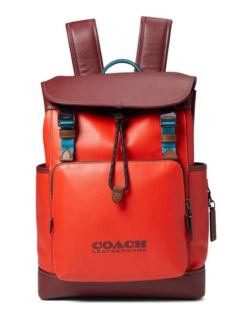 COACH Leather League Flap Backpack Color-block in Red for Men - Lyst
