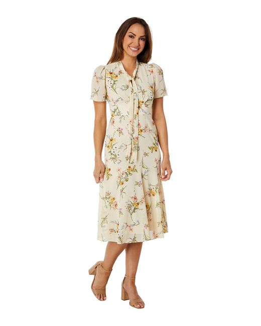 Maggy London Synthetic Midi Dress With Center Front Neck Tie In Yellow