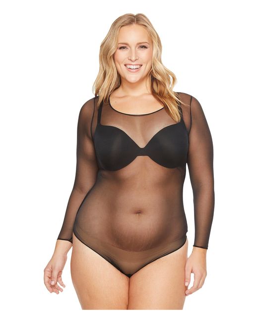 Spanx Plus Size Sheer Long Sleeve Bodysuit In Black Lyst