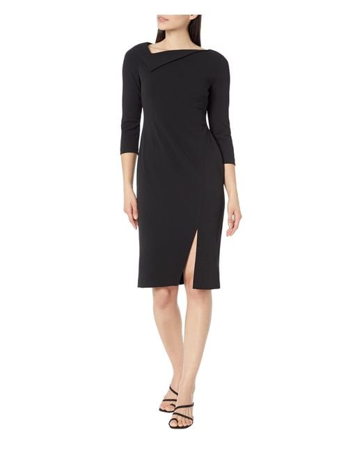 Calvin Klein 3 4 Sleeve Scuba Crepe Sheath Dress With Asymmetrical