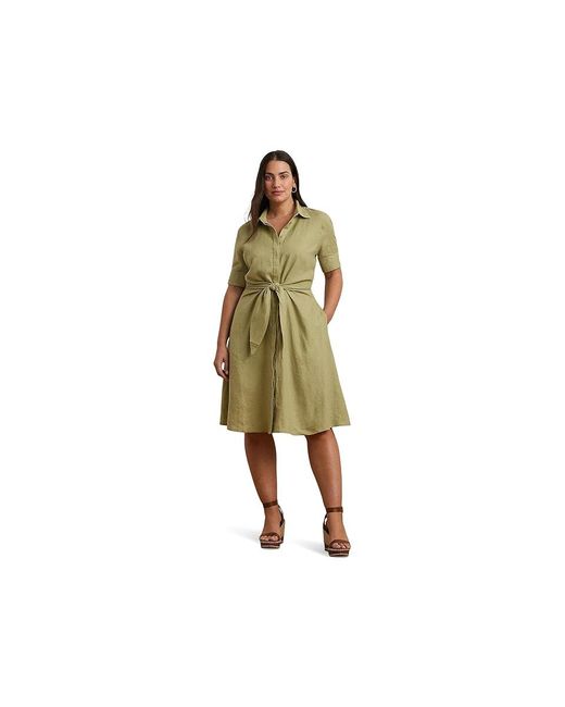 Ralph Lauren Plus Size Wakana Elbow Sleeve Day Dress Dress, Linen in Green | Lyst