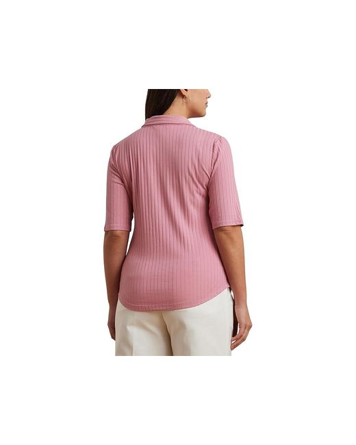 Ralph Lauren Plus Size Rib-Knit Elbow-Sleeve Polo T-Shirts Clothing, Elastane/Nylon/Viscose in ...