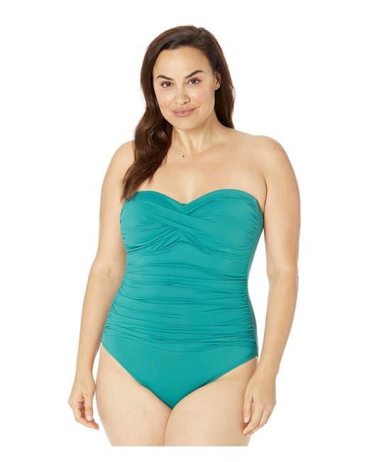 Anne Cole Synthetic Twist Front Shirred Bandeau One Piece In Green Lyst