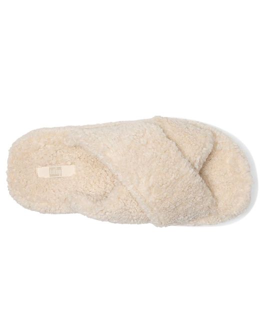Fitflop Iqushion D-Luxe Padded Teddy Cross Slides (Milk Ice) Sandals in ...