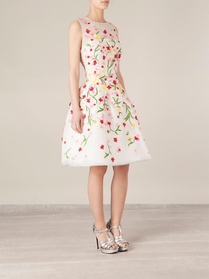 Oscar De La Renta Floral Embroidered Sleeveless Dress In White Lyst