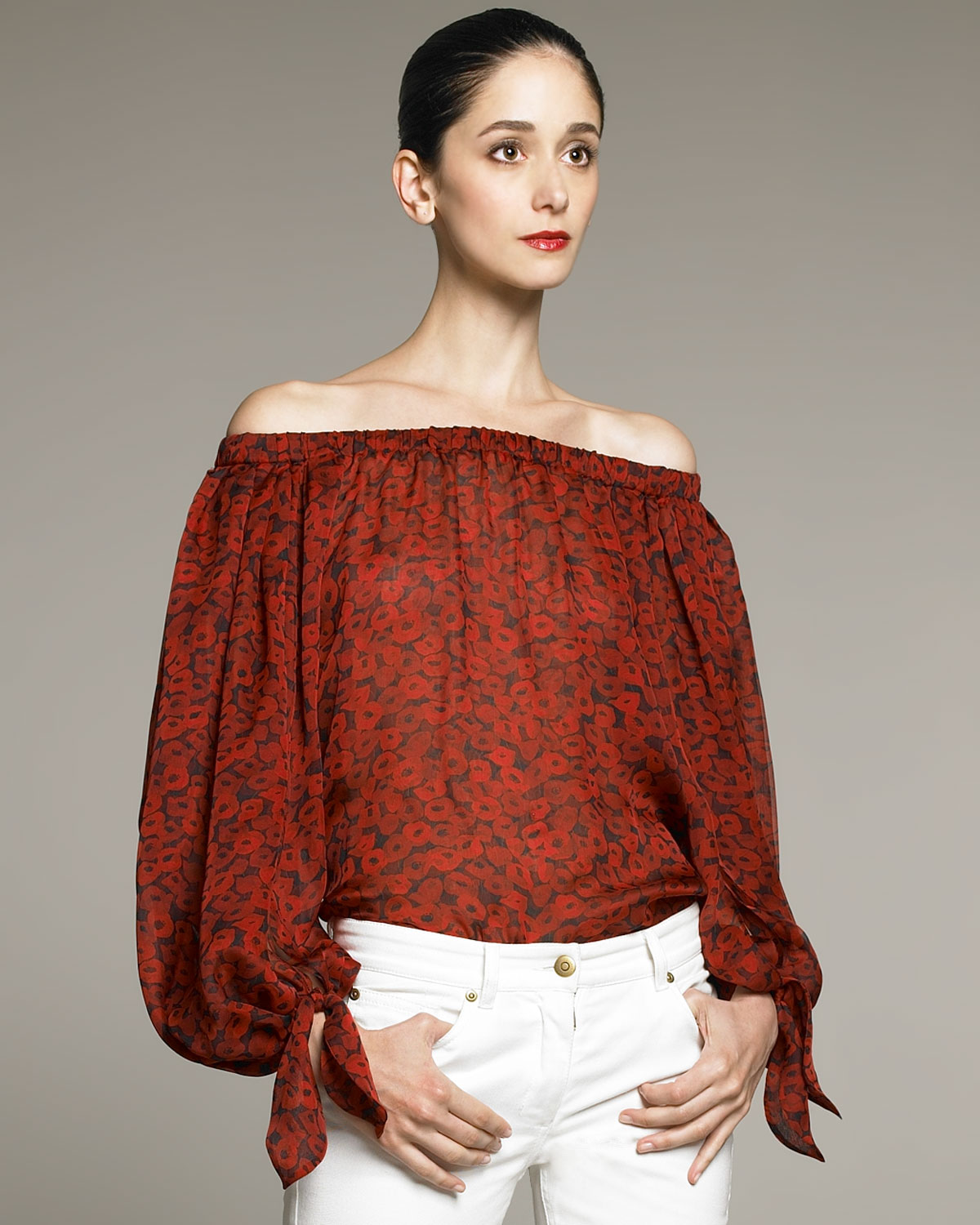 Lyst Saint Laurent Poppy Print Peasant Blouse In Red