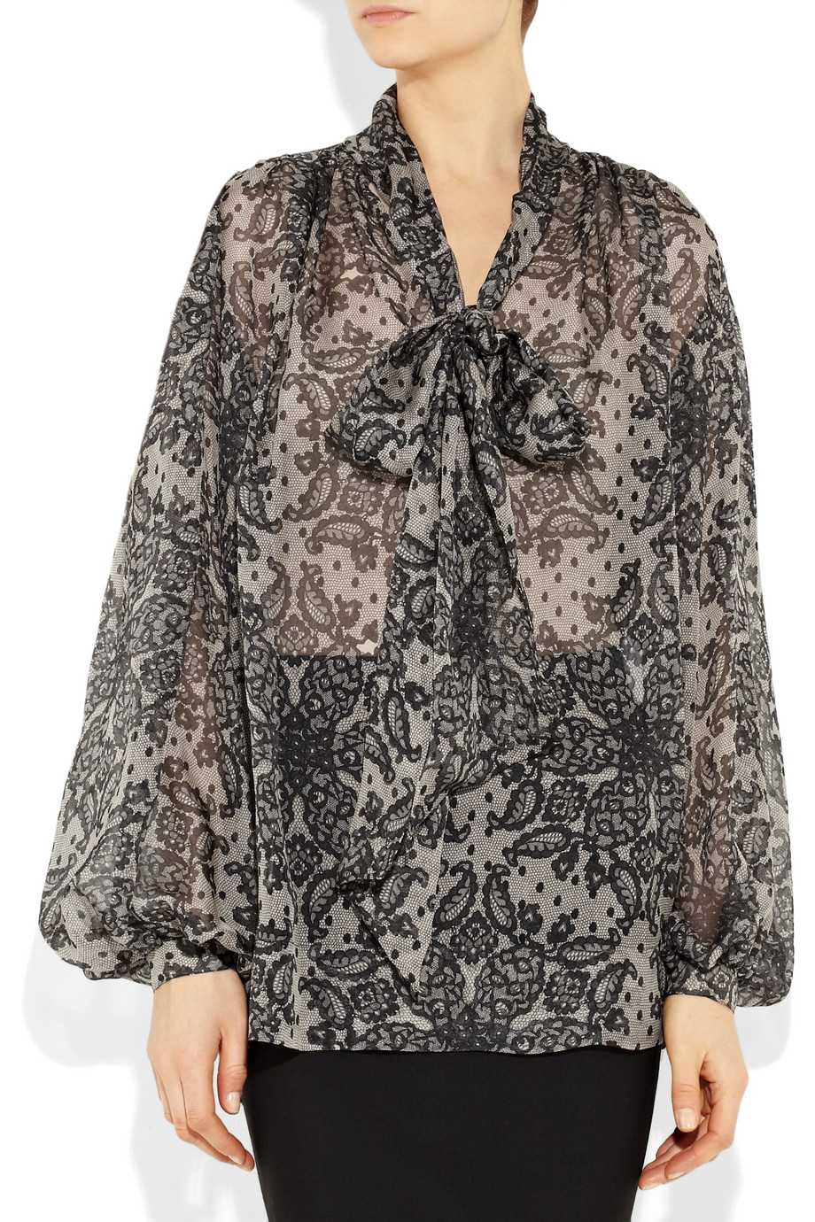 Lyst Dolce And Gabbana Lace Print Silk Chiffon Blouse In Black