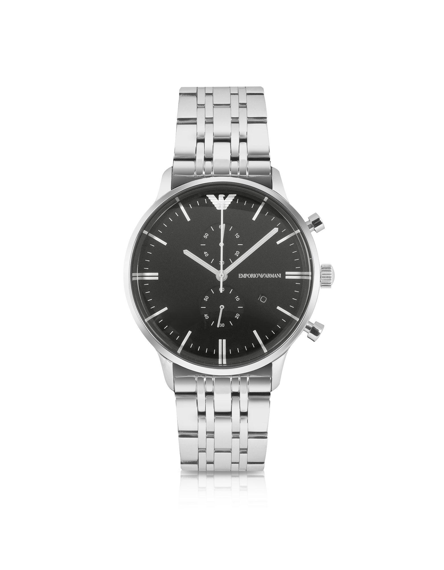 Emporio Armani Black Dial Stainless Steel Date Watch in Silver for Men ...