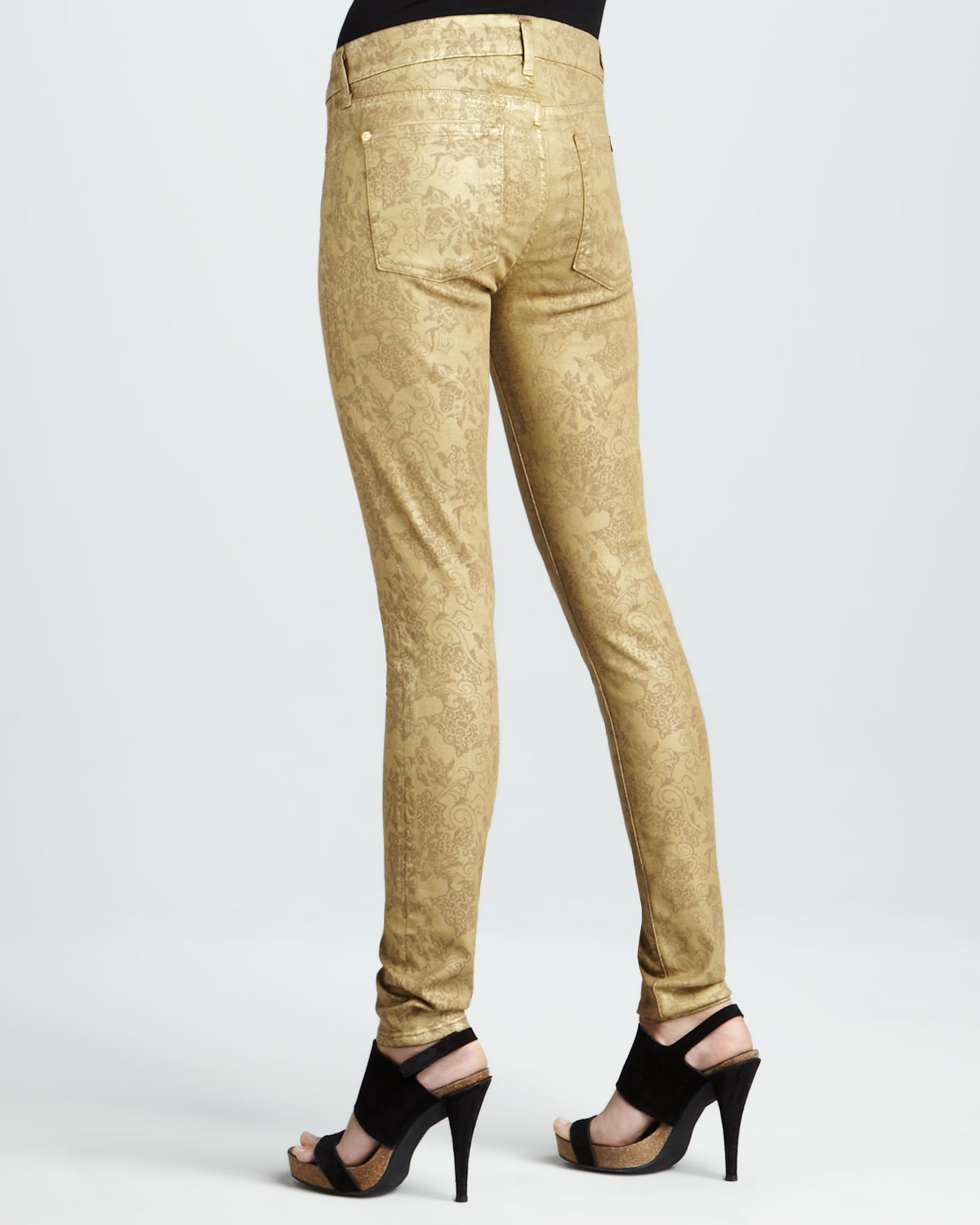 Lyst - 7 For All Mankind Skinny Gold Metallic Floralprint Jeans in Metallic