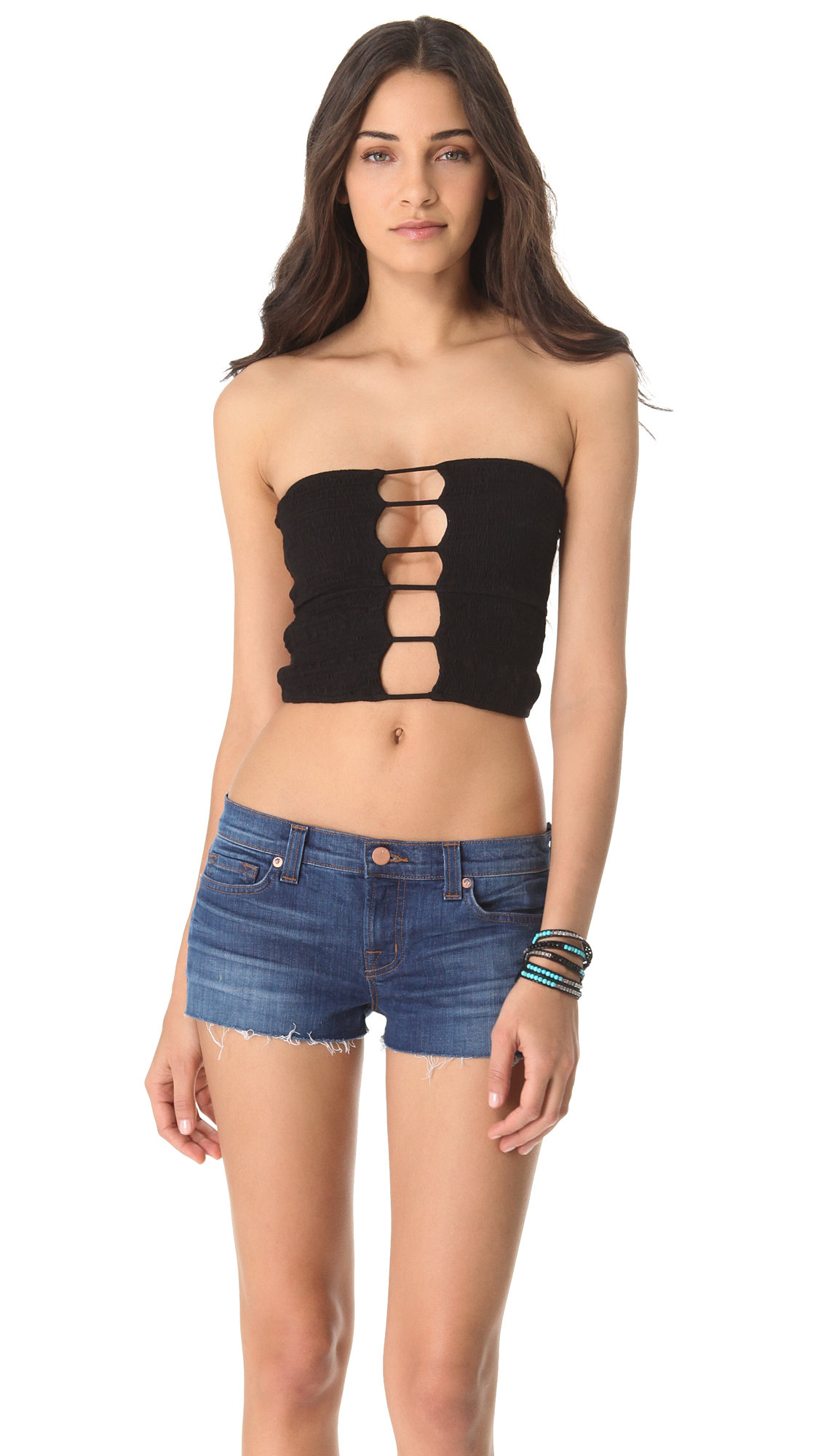 Lyst - Indah Sea Smocked Spaghetti Strings Crop Top in Black