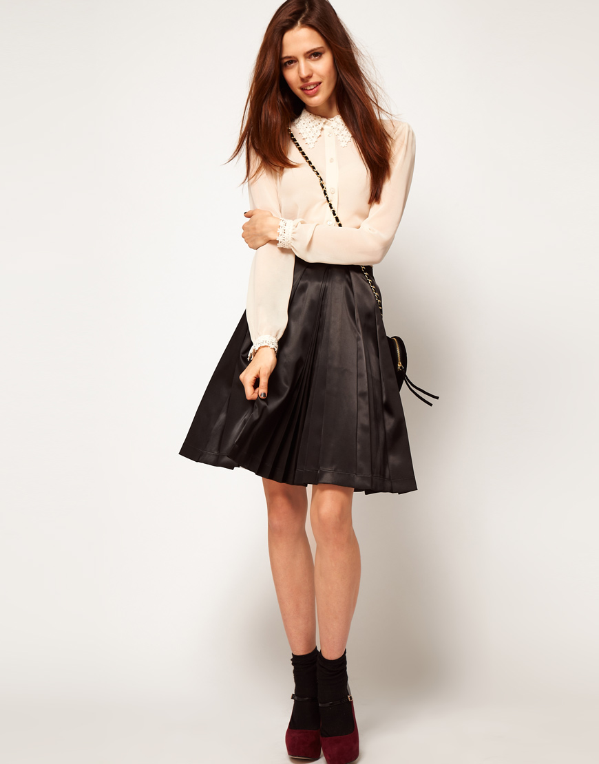 Asos collection Asos Full Pleated Midi with Net Skirt in Black | Lyst