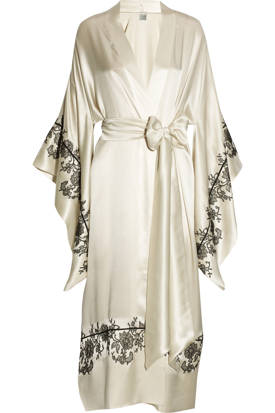 Carine Gilson Lace Appliquéd Silk Satin Kimono Robe In Black White Lyst