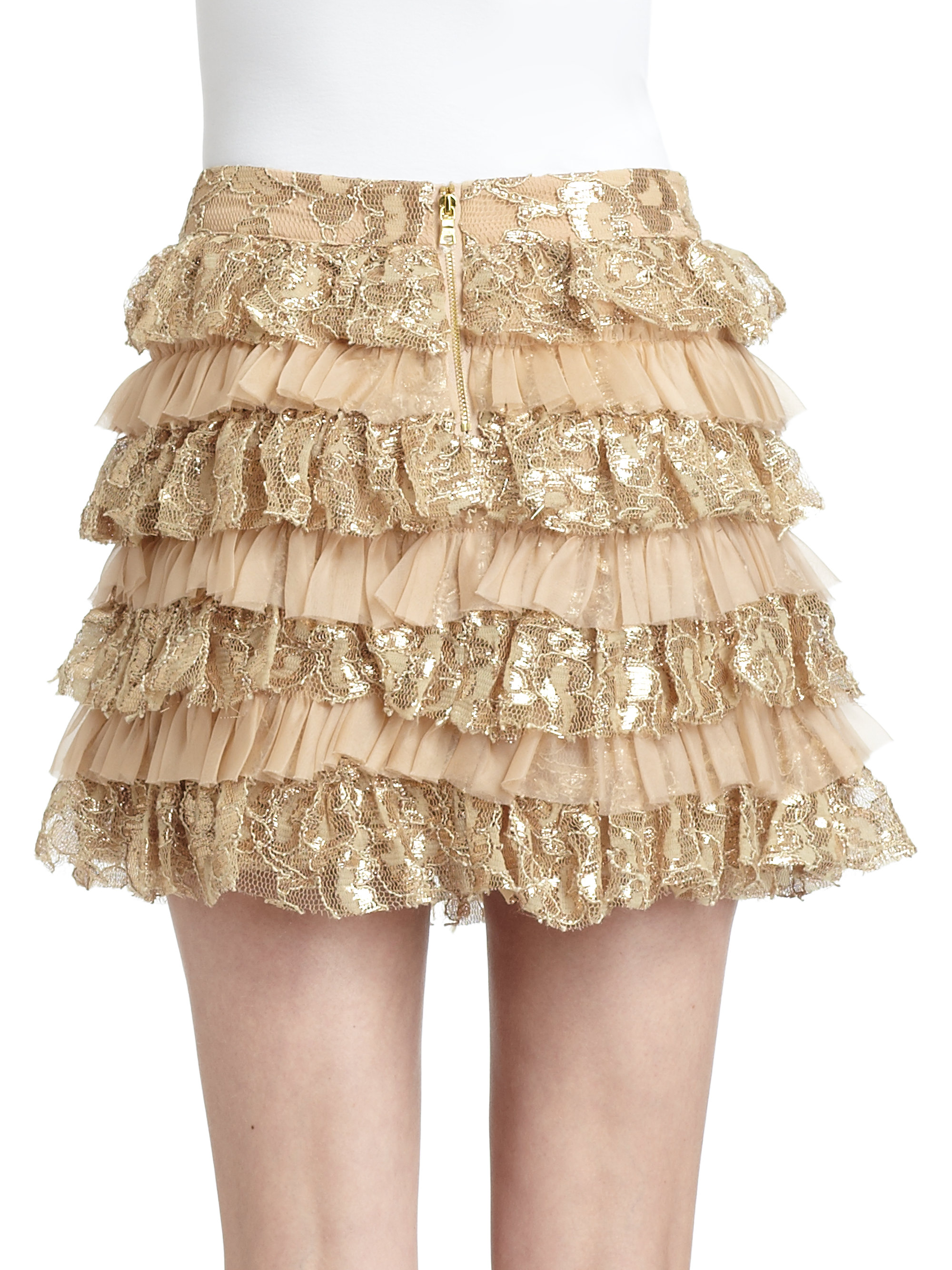 Alice Olivia Tiered Lace Ruffle Skirt In Gold Metallic Lyst