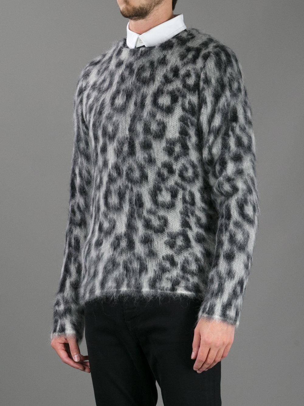 Saint Laurent Leopard Print Crew Neck Mohair Blend Sweater In Gray For