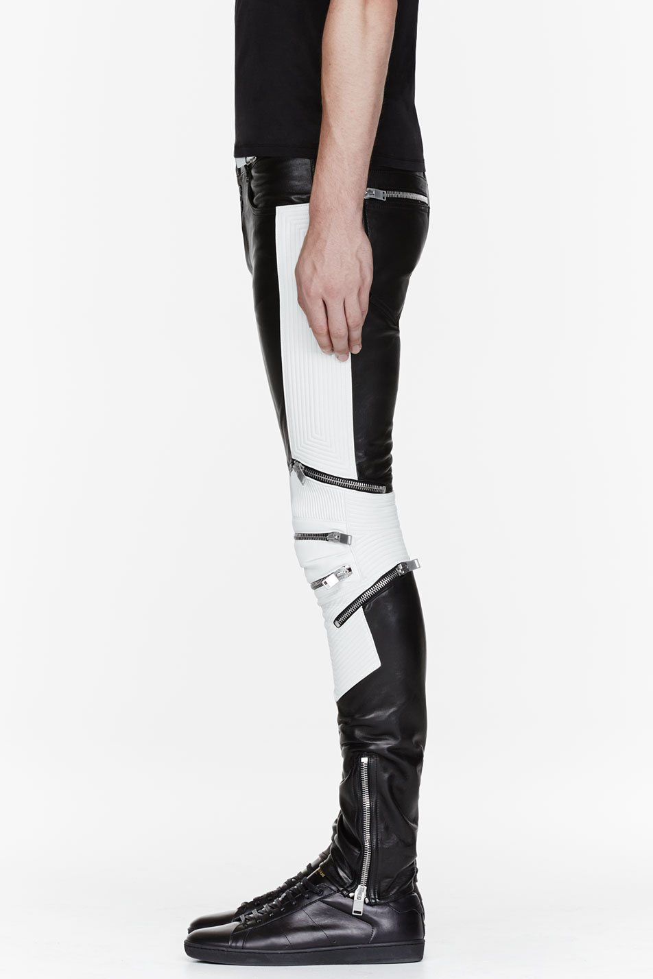 Saint Laurent Black and White Ribbed Zipped Biker Pants for Men - Lyst