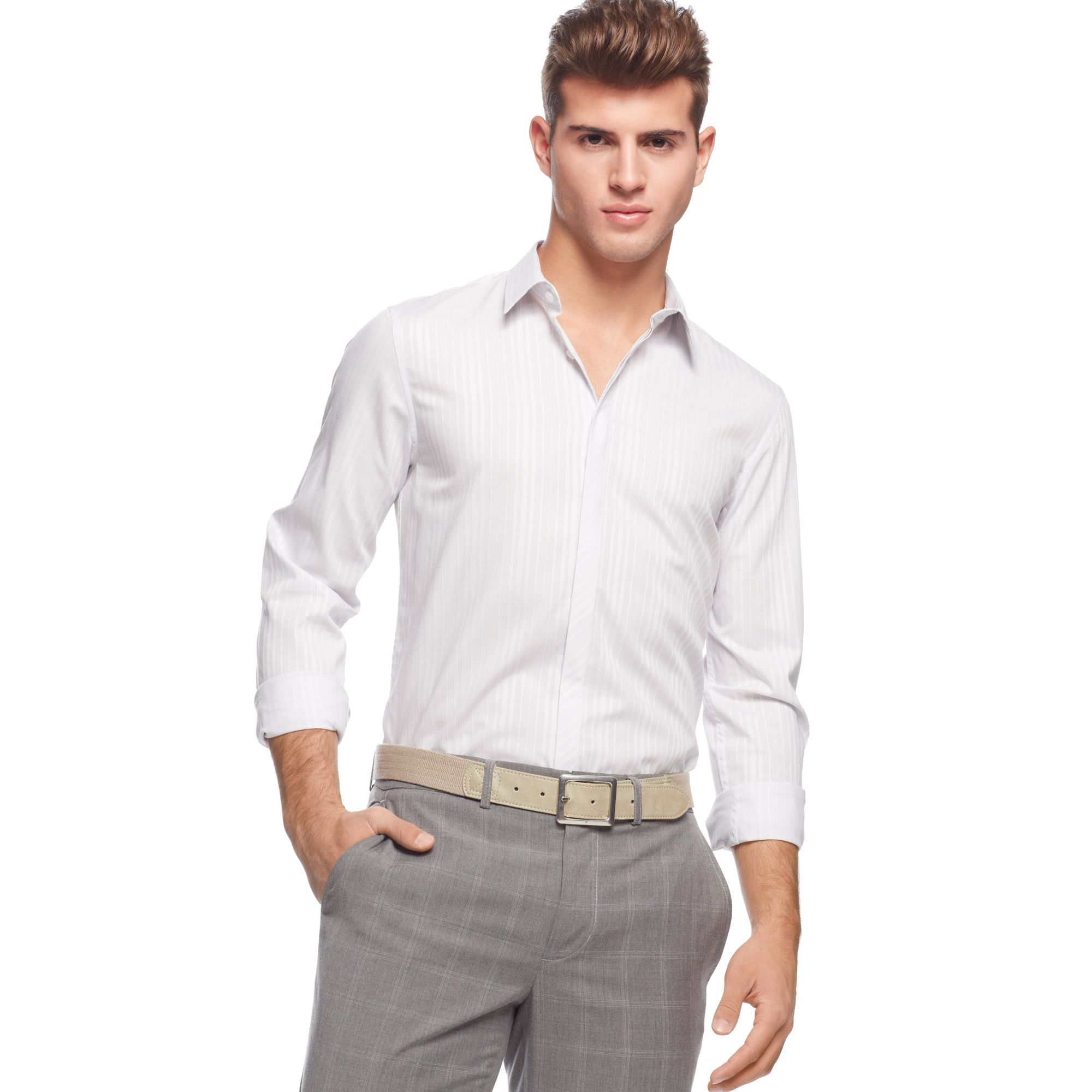 Calvin Klein Long Sleeve Slim Fit Check Shirt In White For Men Lyst