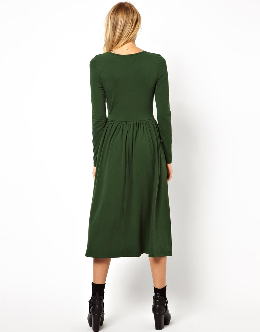 Lyst Asos Midi Skater Dress With Long Sleeves In Green