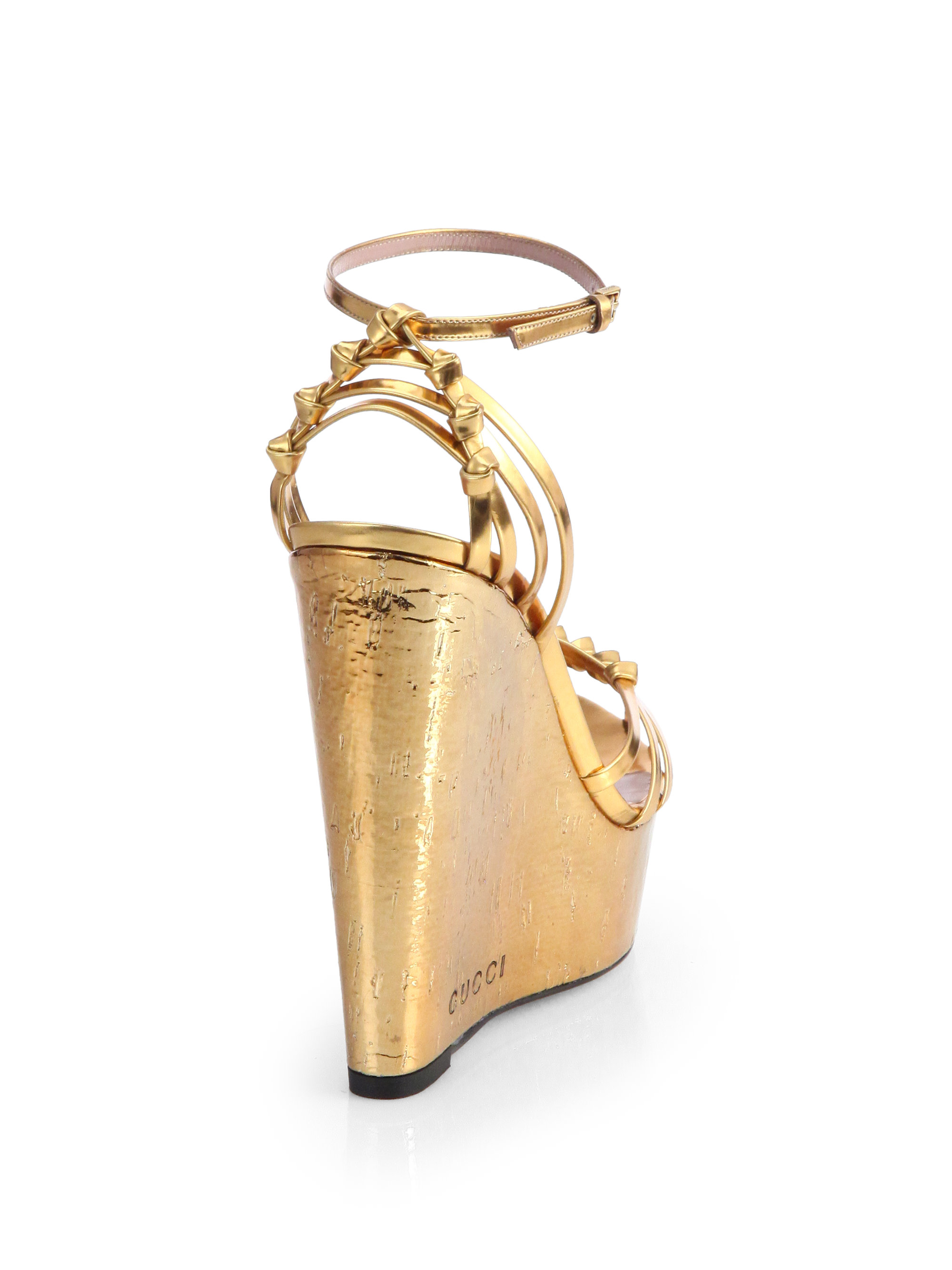 Gucci Metallic Leather Cork Wedge Sandals - Lyst