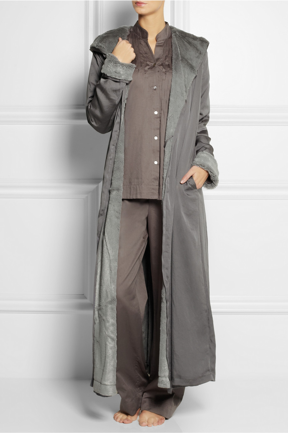 Donna Karan Hooded Faux Fur-lined Washed-satin Robe in Gray - Lyst
