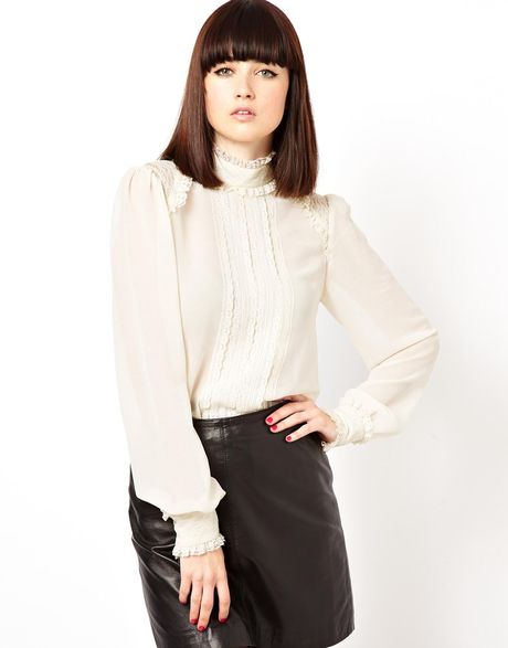 Asos Blouse with High Neck and Insert Lace Ruffle in Black | Lyst