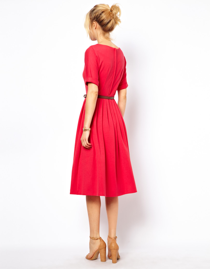 Lyst Asos Midi Dress With Full Skirt And Belt In Blue