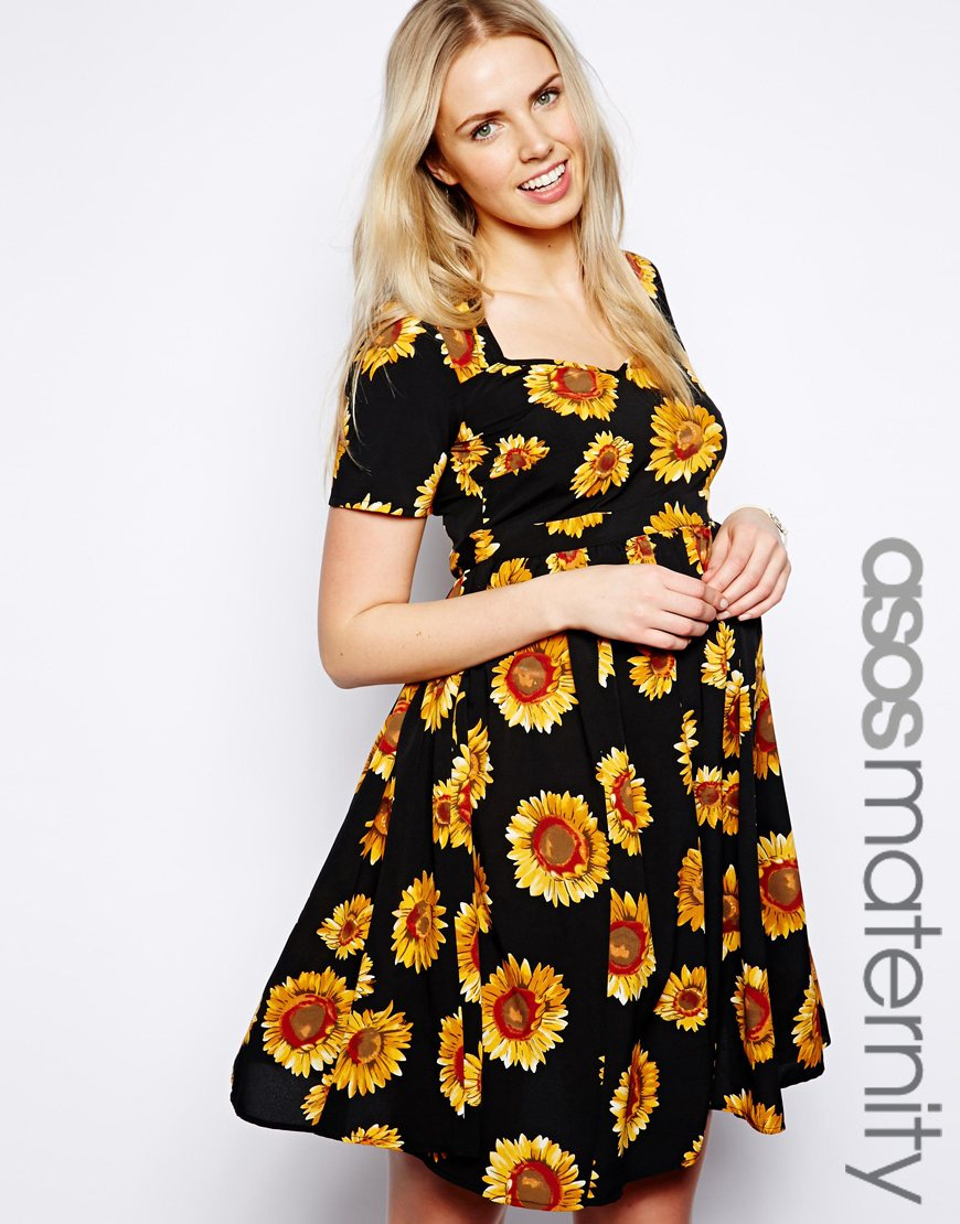 Asos Exclusive Skater Dress In Sunflower Print In Black Lyst