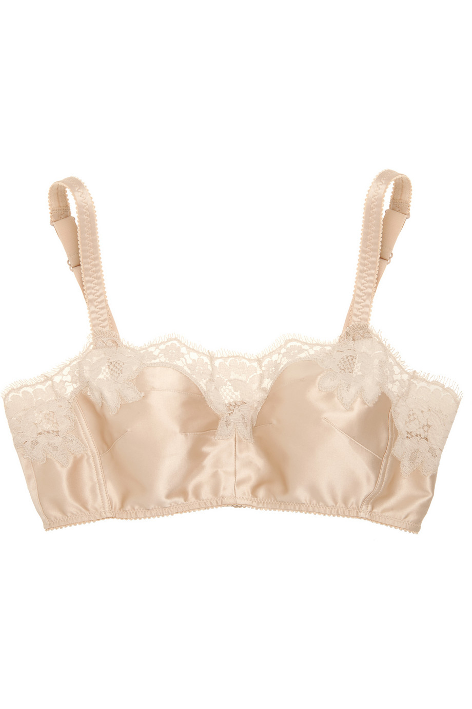 Dolce And Gabbana Lace Trimmed Stretch Silk Satin Soft Cup Bra In Natural