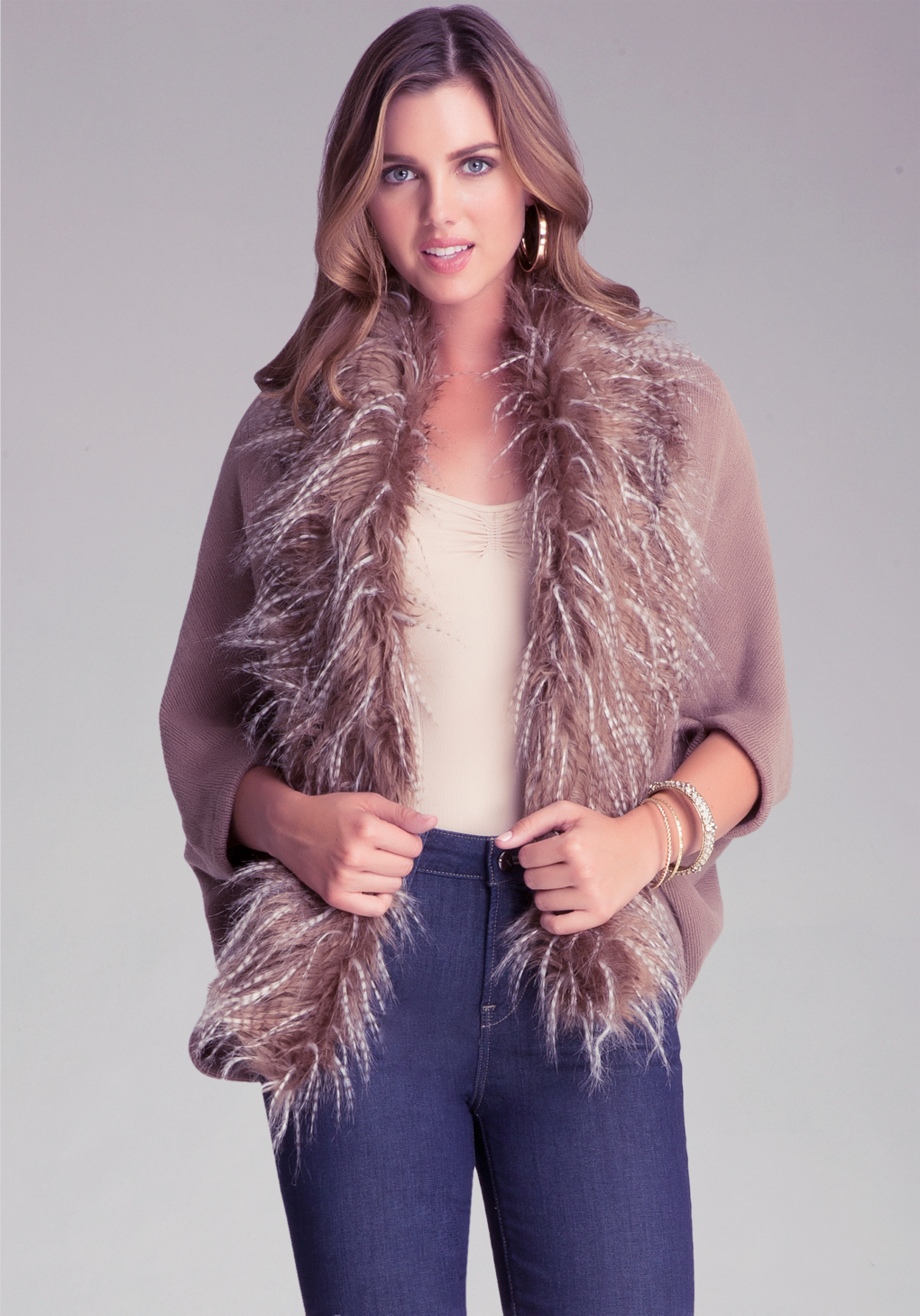 Bebe Faux Fur Trimmed Ruana In Brown Lyst