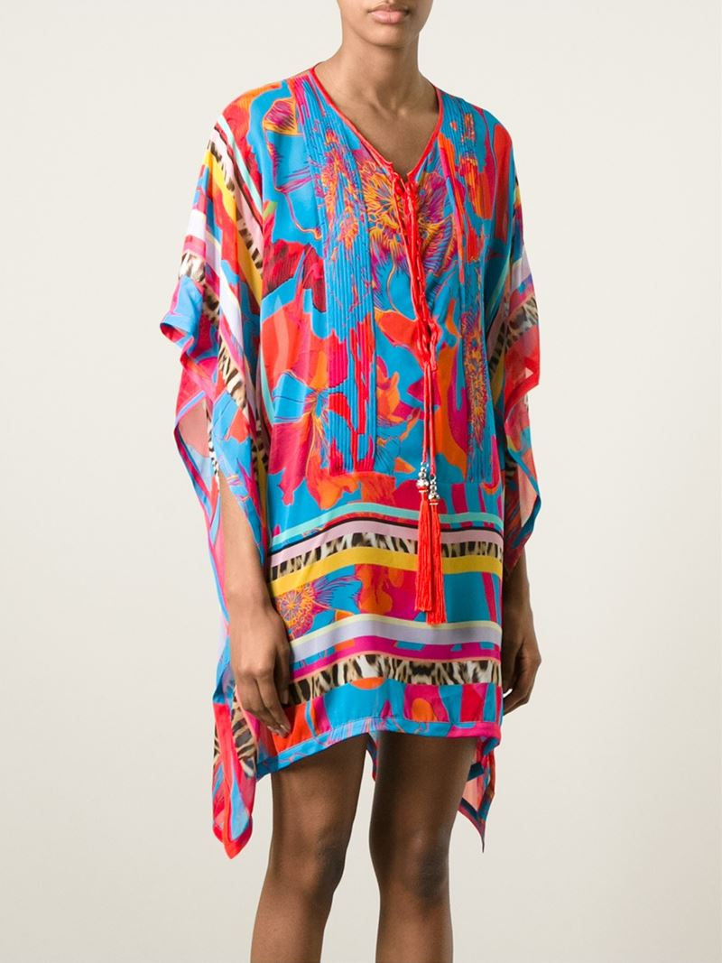Lyst - Roberto Cavalli Printed Silk Kaftan Dress in Blue