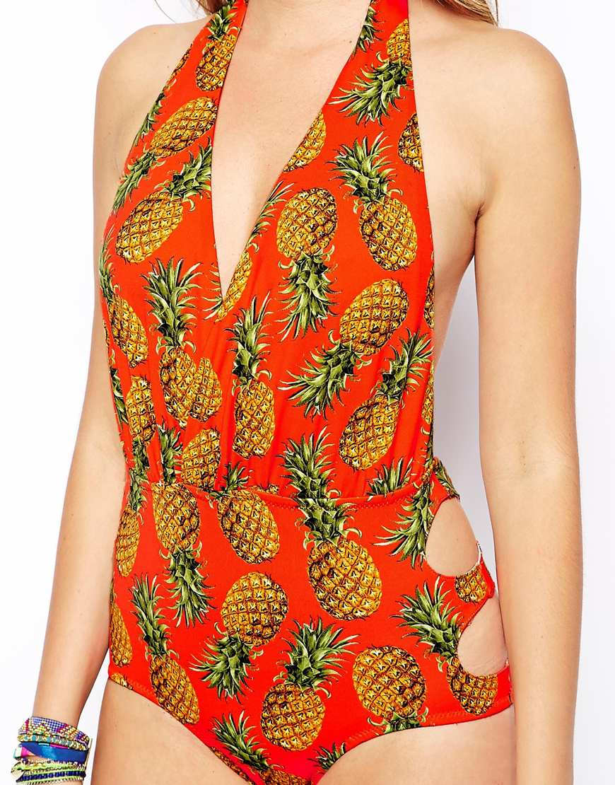 Asos Pineapple Print Wrap Plunge Swimsuit In Orange Lyst