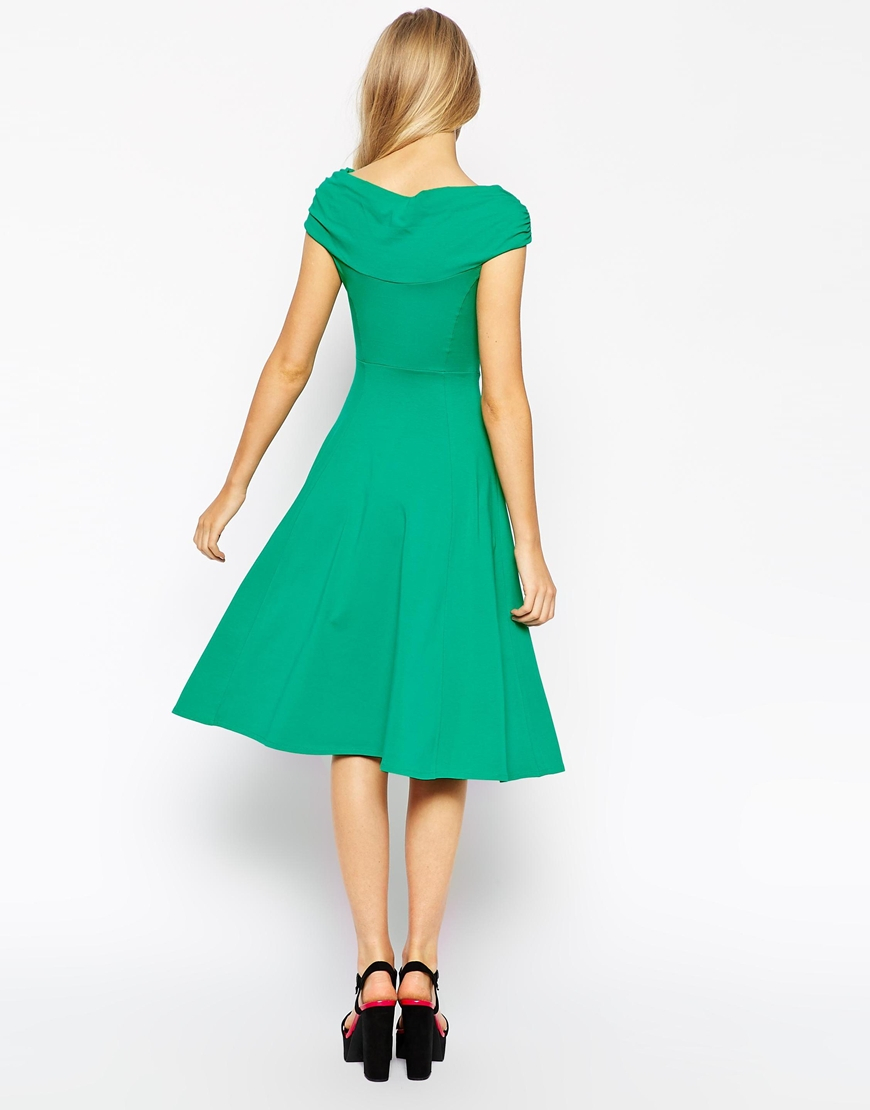 Asos Cotton Midi Skater Dress With Bardot Cross Shoulder Detail In