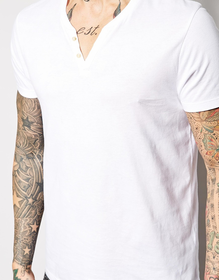 ASOS T-shirt With Notch Neck in White for Men | Lyst