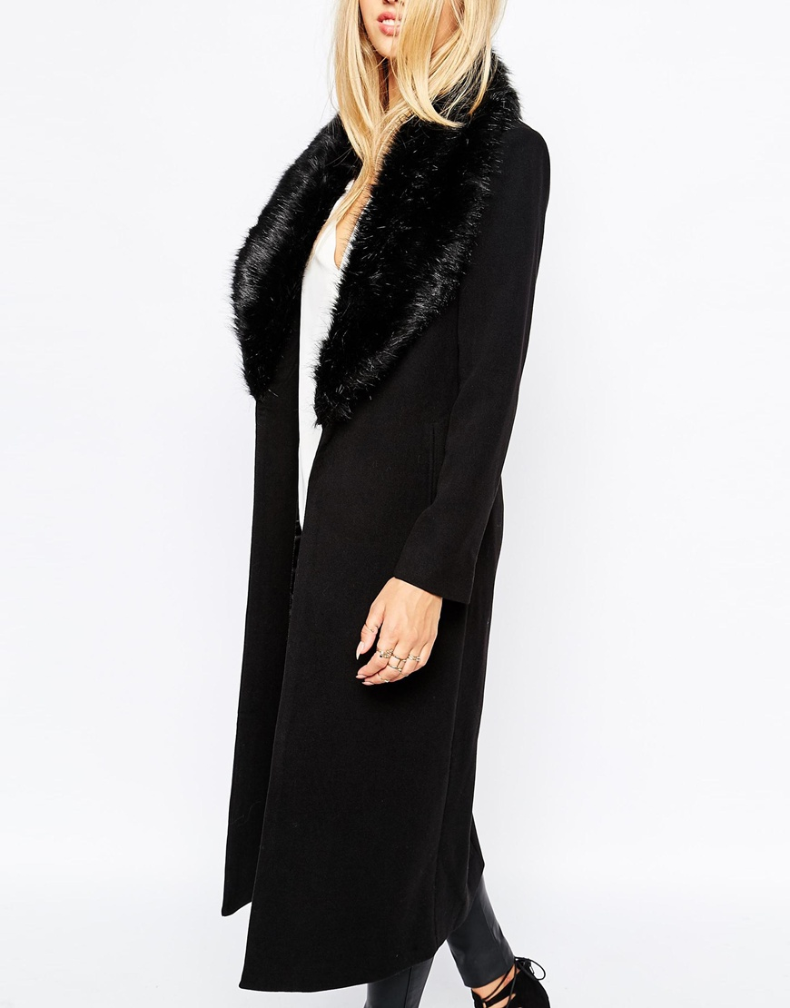 Missguided Coat With Big Fur Collar In Black Lyst