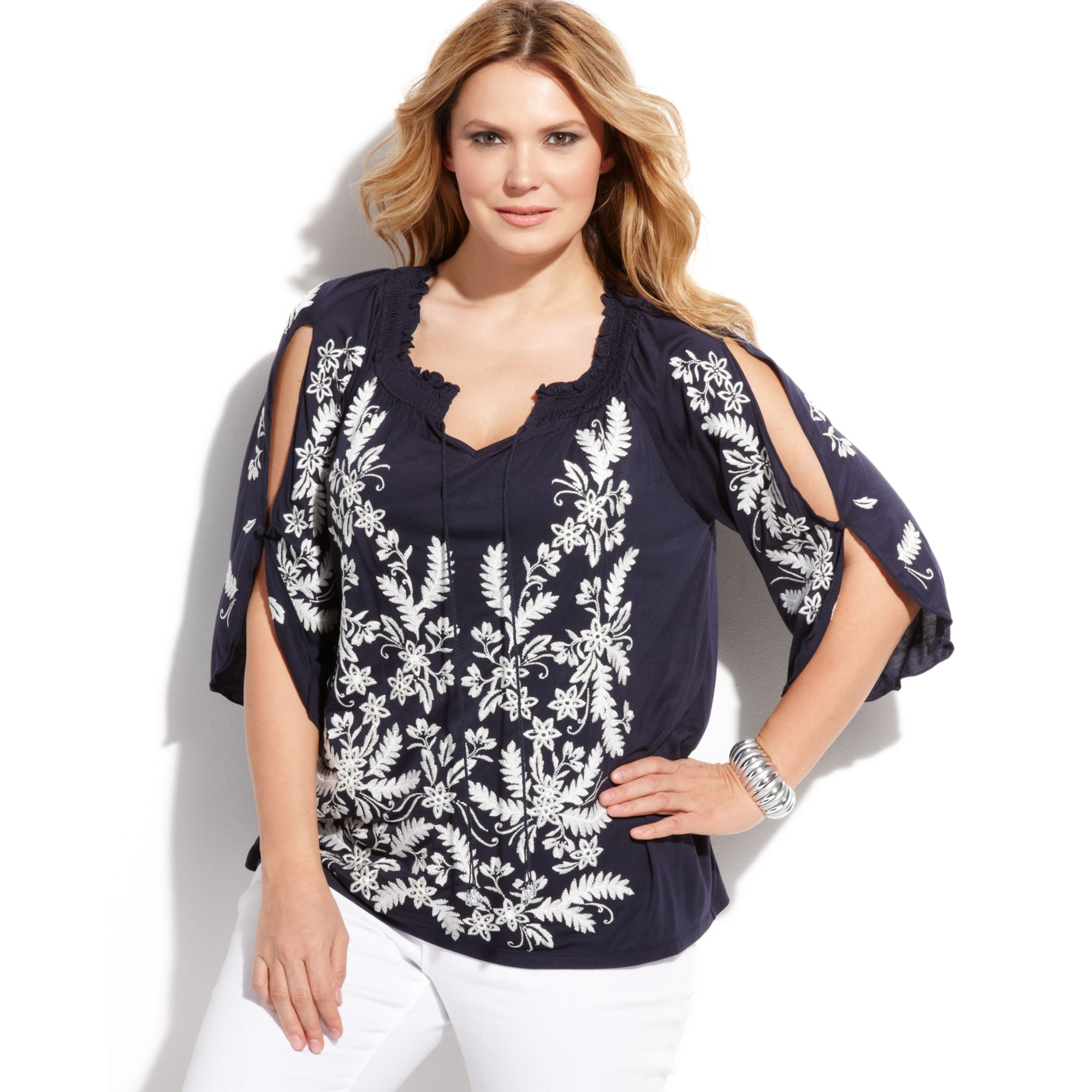 Inc International Concepts Plus Size Embroidered Peasant Top In