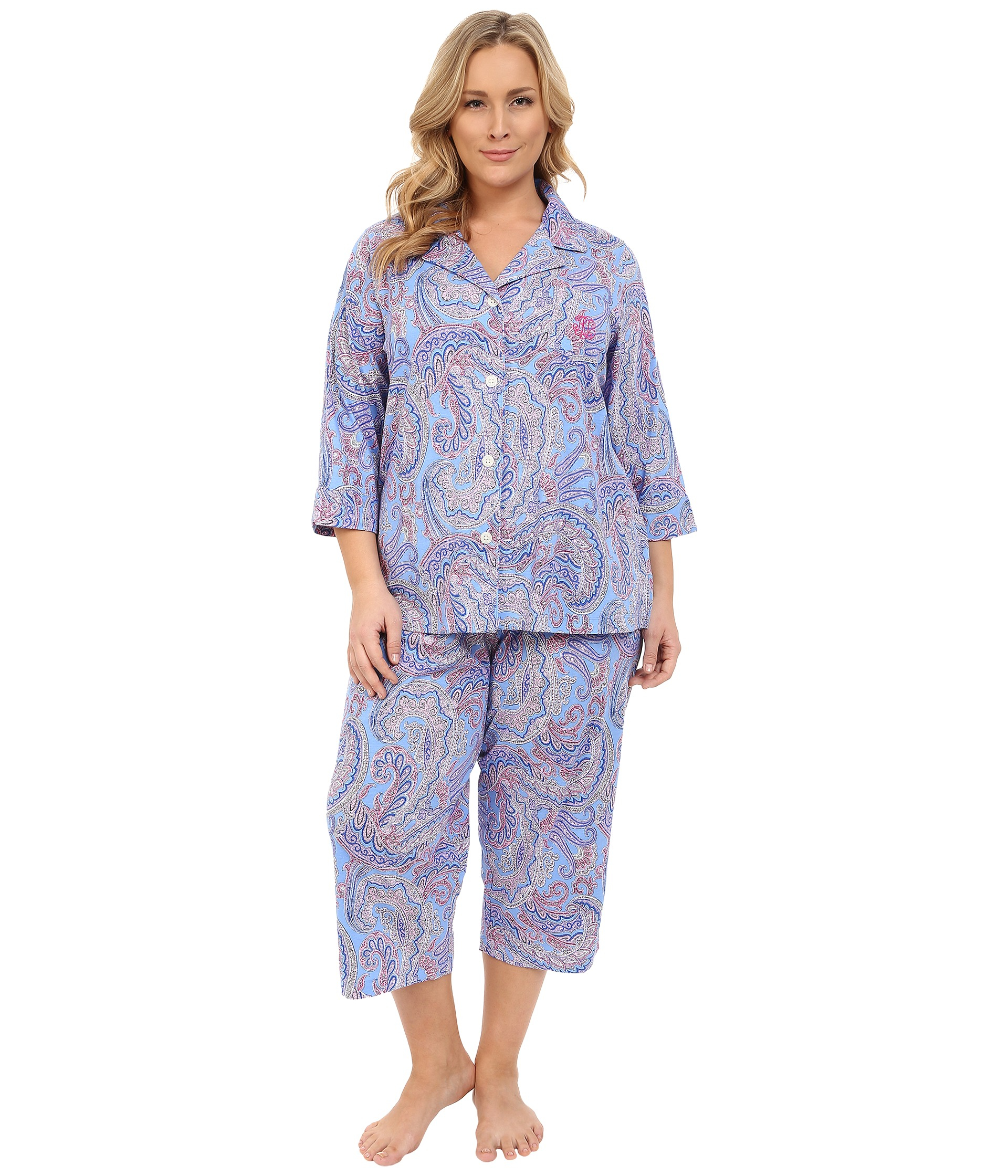 Lauren By Ralph Lauren Cotton Plus Size Paisley Knit Notch Collar Capri