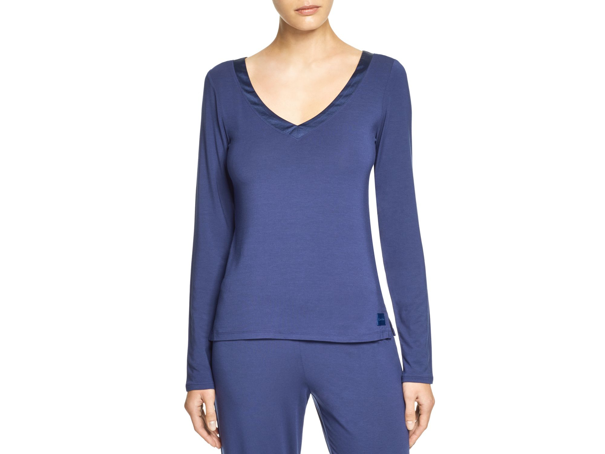 Calvin Klein Satin Essentials Long Sleeve V Neck Pajama Top In Blue Lyst