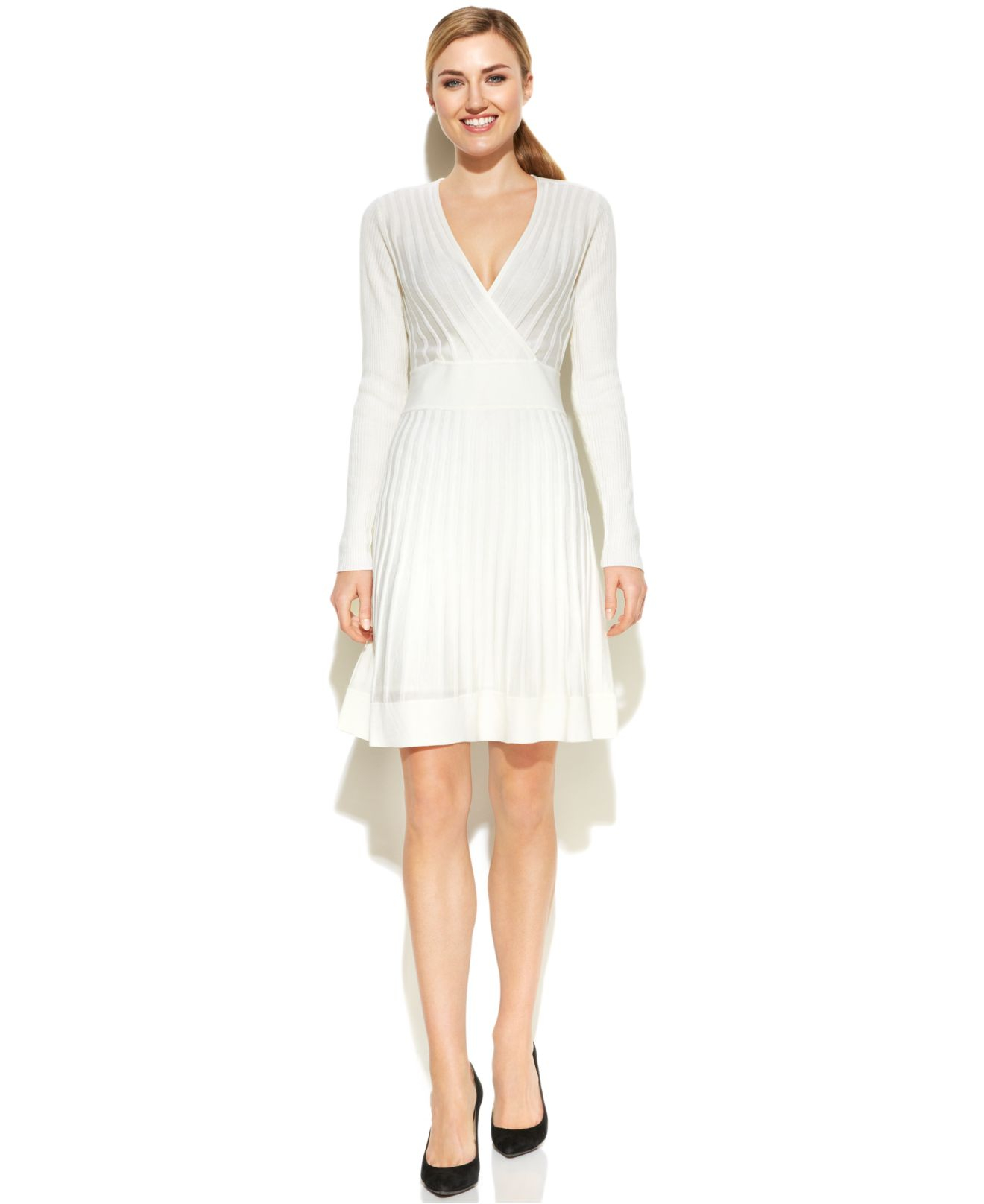 Calvin Klein Long Sleeve Ribbed Sweater Dress In Ivory White Lyst