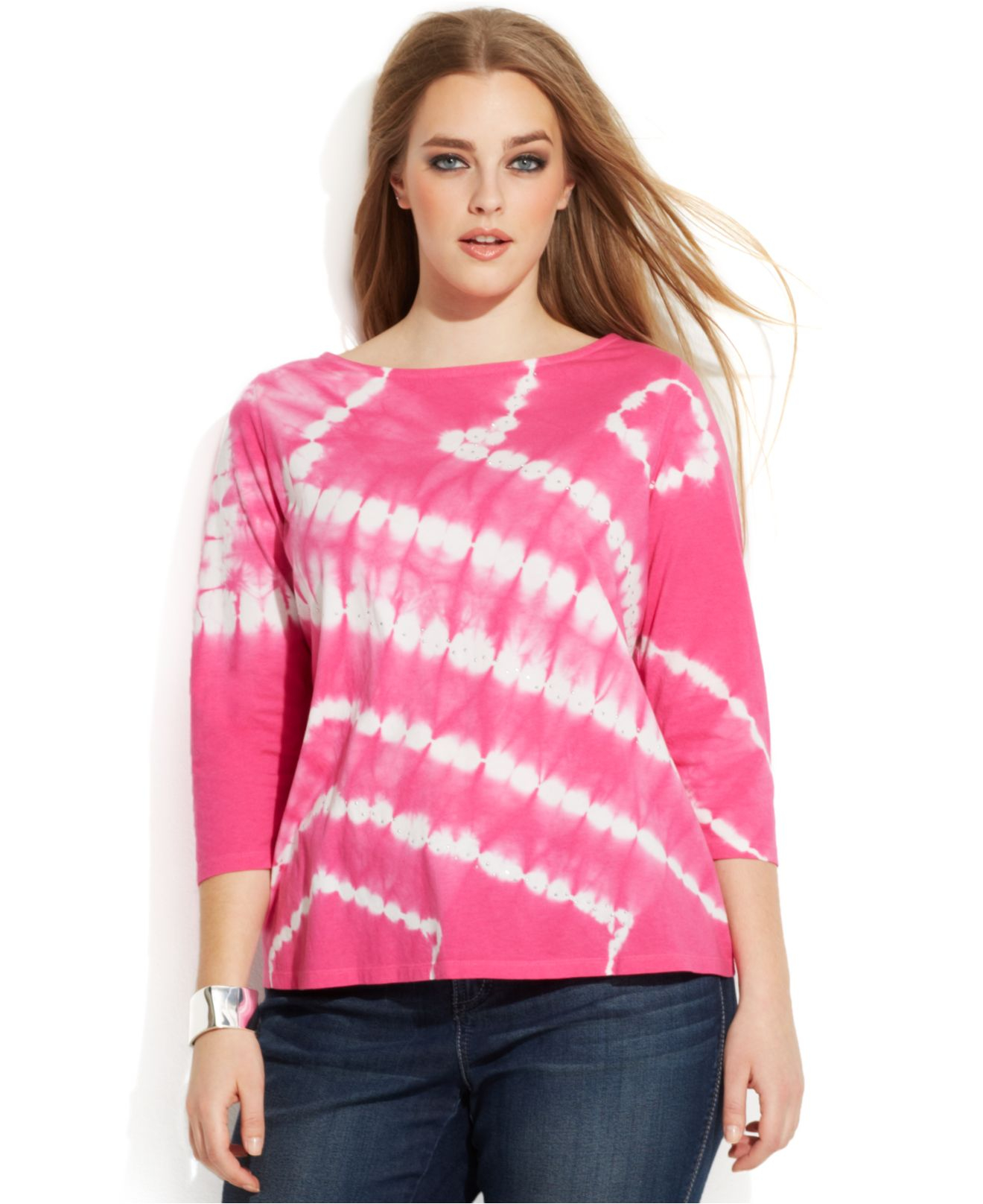 Inc International Concepts Plus Size Rhinestone Tie Dye Top In Purple