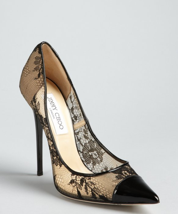 Lyst Jimmy Choo Black And Nude Lace Patent Pointed Toe Award Pumps In Black