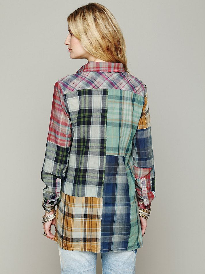 Free People Hi Low Patched Plaid Shirt - Lyst