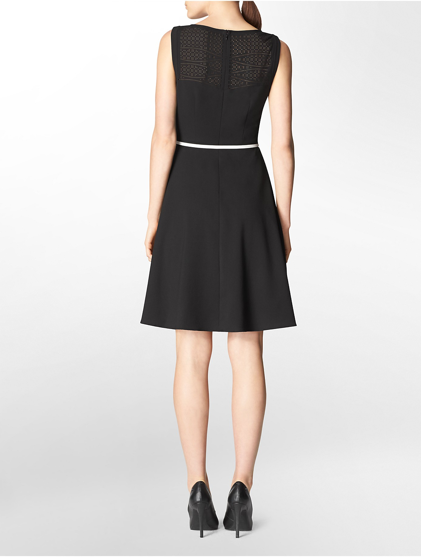 Calvin Klein Eyelet Detail Belted Fit Flare Sleeveless Dress In Black