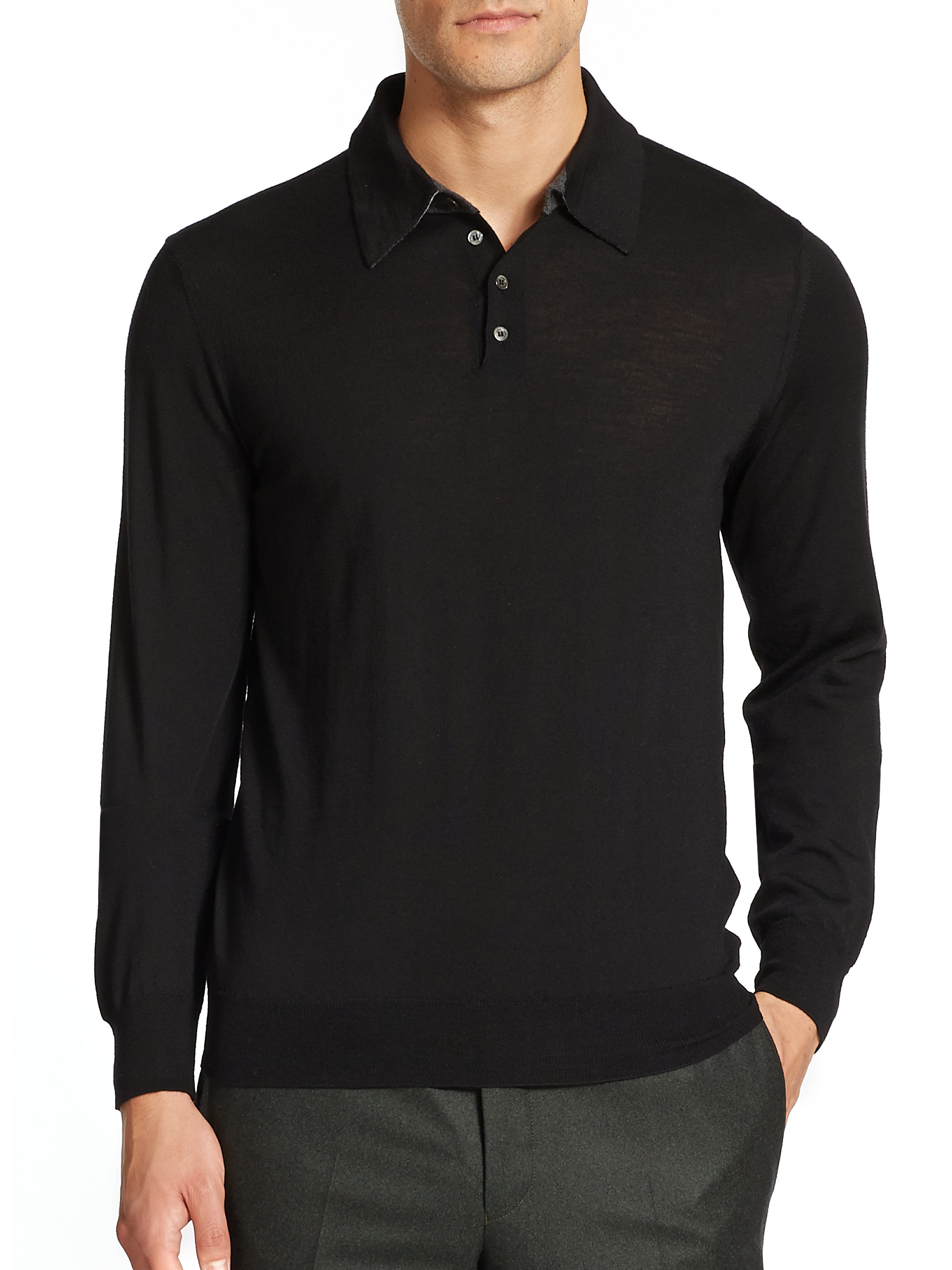 Lyst Saks Fifth Avenue Merino Wool Long Sleeved Polo In Black For Men