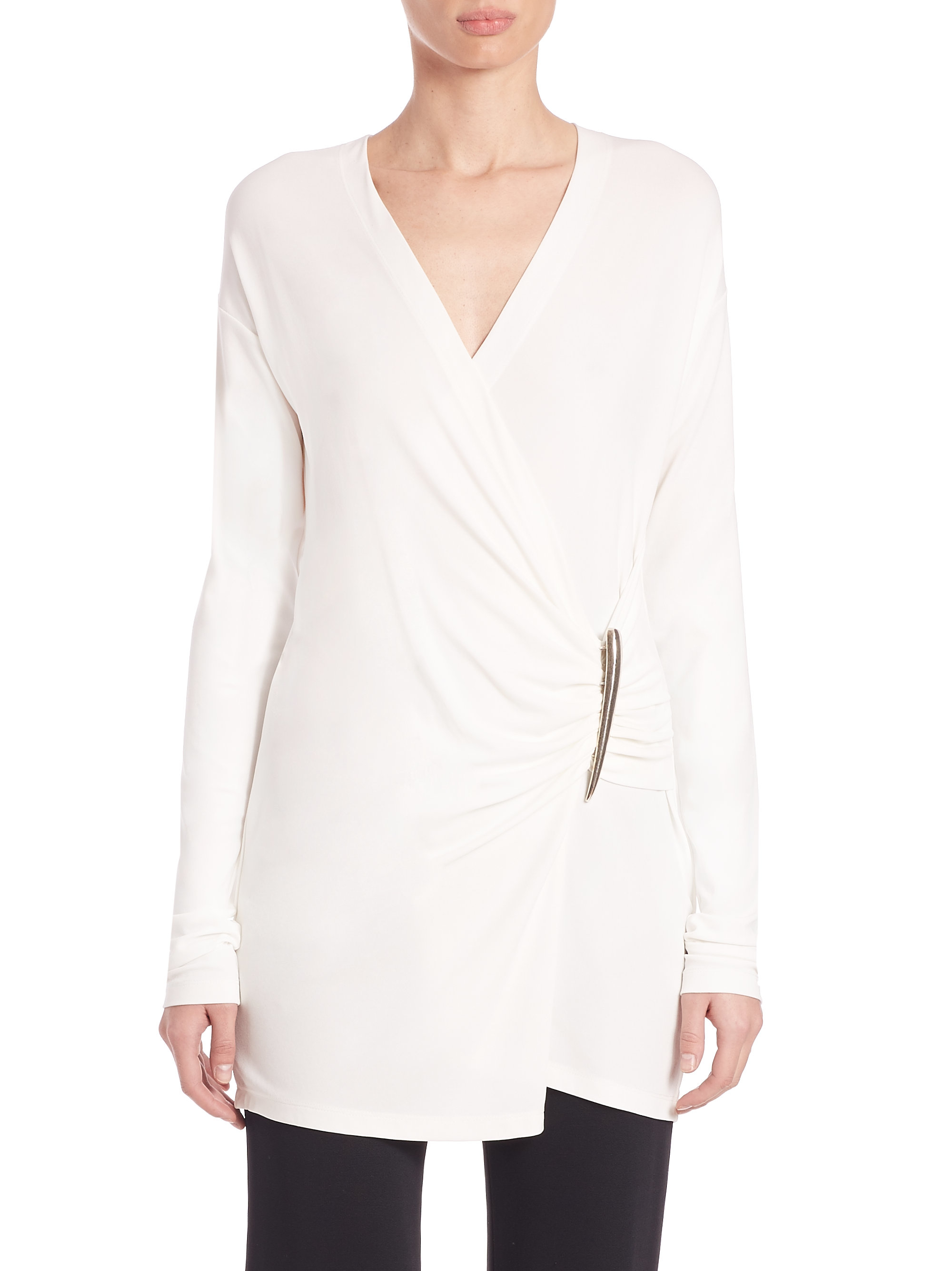 Donna Karan Long-sleeve V-neck Wrap Top in White - Lyst